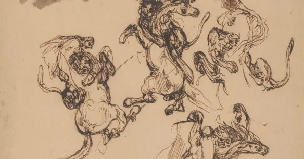 Eugène Delacroix, Studies of a Rearing Horse Attacked by a Lion; A Lion ...